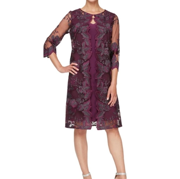 Alex Evenings | Dresses | Alex Evenings Embroidered Sheer Overlay Midi ...